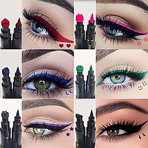 Jutqut 6Pcs Double-head Liquid Stamp Eyeliner, Colored 6 in 1 Stars Flowers Hearts Moon Smiley Face Triangle Stamps Makeup Stamp Set, Waterproof Slim Gel Felt Tip Liquid Eyeliner Colorful Set Wingliner Shapes