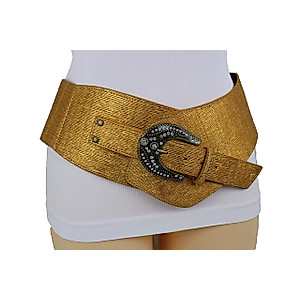 Trendy Fashion Jewelry TFJ Women Wide Western Belt Hip High Waist Faux Leather Dressy M L Metallic Gold