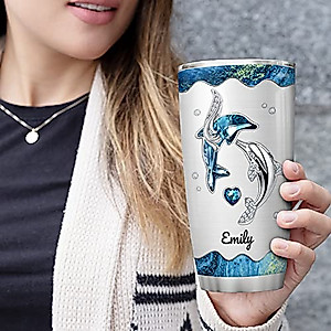 Wassmin Personalized Dolphin Tumbler Cup With Lid 20oz 30oz Custom Name Animal Stainless Steel Double Wall Vacuum Insulated Tumblers Coffee Travel Mug Birthday Christmas Customized Gifts Women Girls