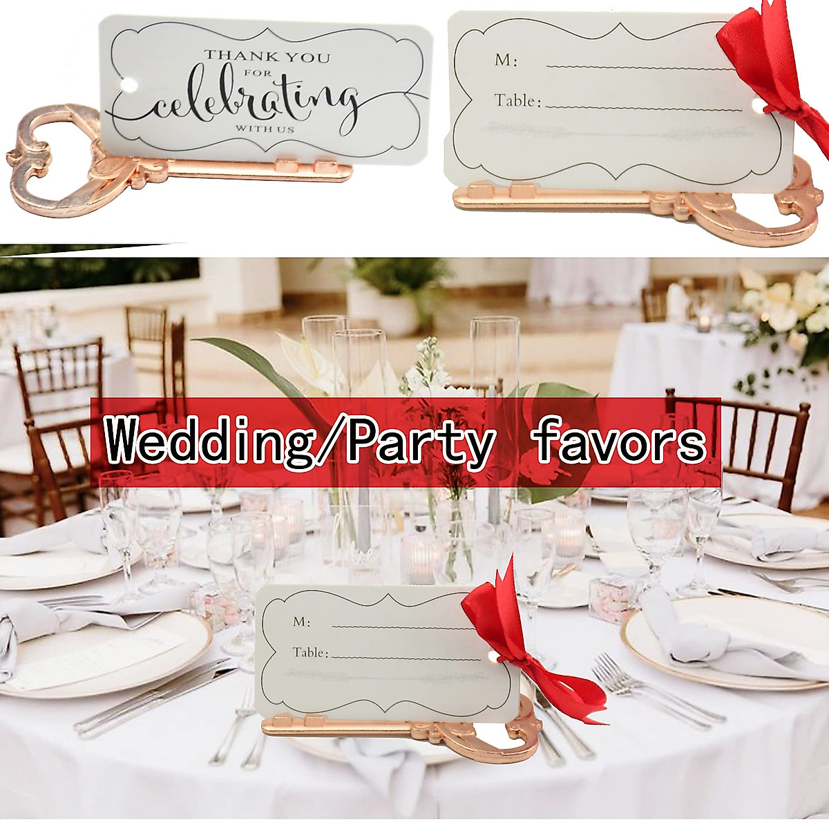 Aokbean 50pcs Key Bottle Opener Place Card Holder for Weddings Table Name Cards for Guests Souvenirs with French Ribbon (Rose Gold)