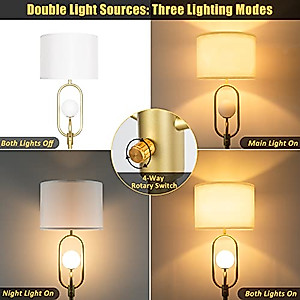 Yolsunes Modern Gold Floor Lamp with Night Light, Brass Standing Lamp White Linen Shade, Globe Stand Up Lamp 67’’ Tall Lamps for Living Room Nursery Bedroom Office, 3W 2700K Led Included, E26 Base