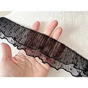 PEPPERLONELY 1 Yard 2-Layer Polka Dot Pleated Tulle Lace Chiffon Fabric Ribbon Fringe Elastic Ruffle Trim Dress Collar Cuffs DIY Sewing Material, 2 Inches Width, Black