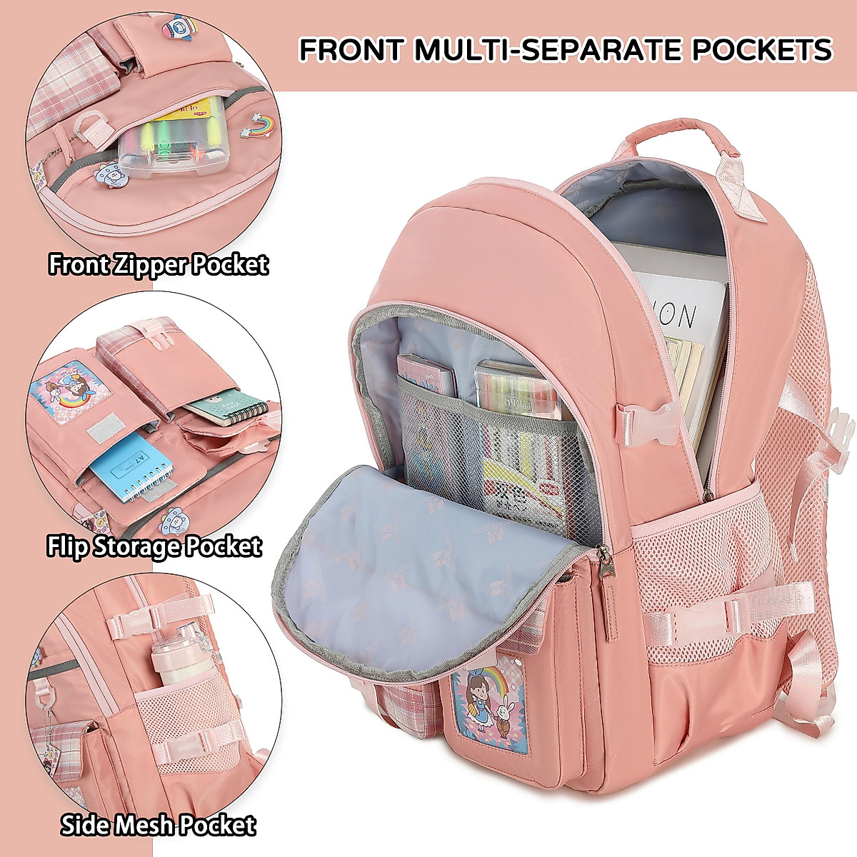 Hey Yoo Cute School Backpack for Girls Backpack for School Bag Kids Backpacks for Girls Kawaii Bookbag for Teen Girls (Pink)