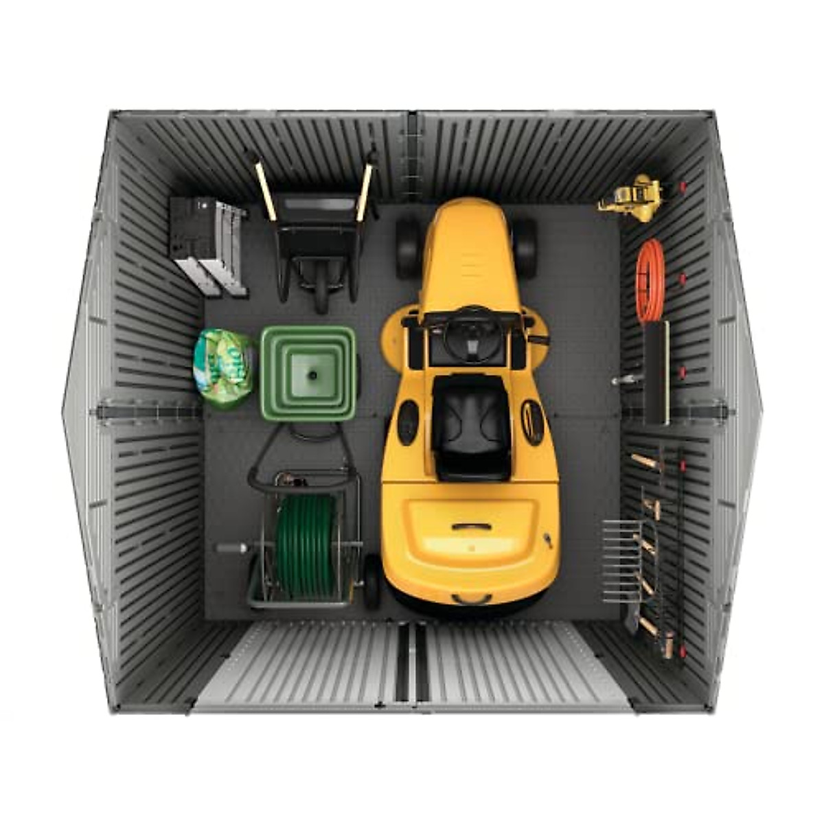 Rubbermaid Resin Weather Resistant Outdoor Storage Shed, 7 x 7 ft., Simple Gray/Onyx, for Garden/Backyard/Home/Pool