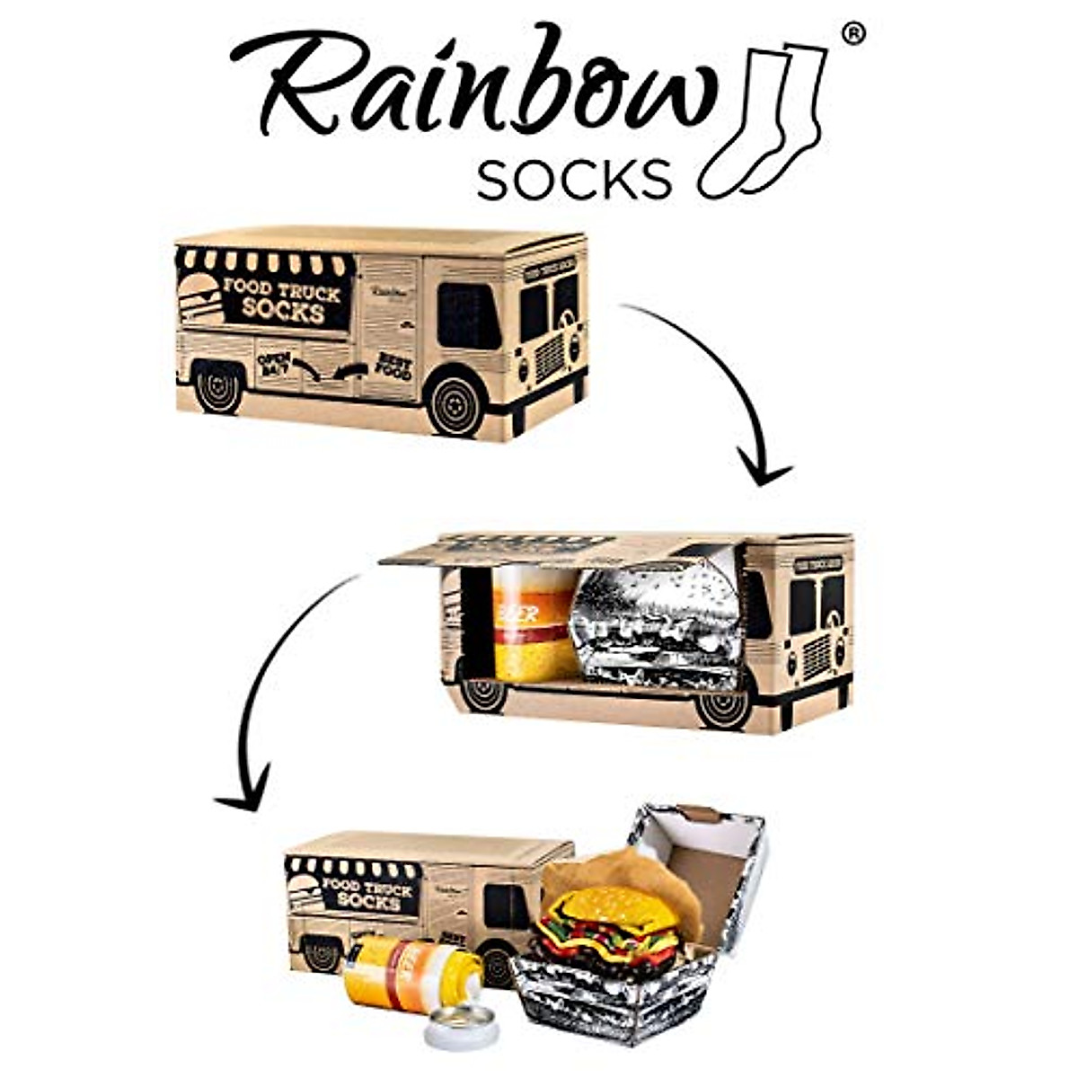 Rainbow Socks - Men Women Funny Food Truck Box - 3 Pairs - Burger Bier - Size US 5.5-9