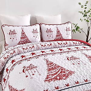 Christmas Tree Elk Quilt Set - 3PCs Soft Microfiber Lightweight Quilt Set Bedspread with 2 Pillowcases for Kids Teens Adults, Queen Size 90" x 96