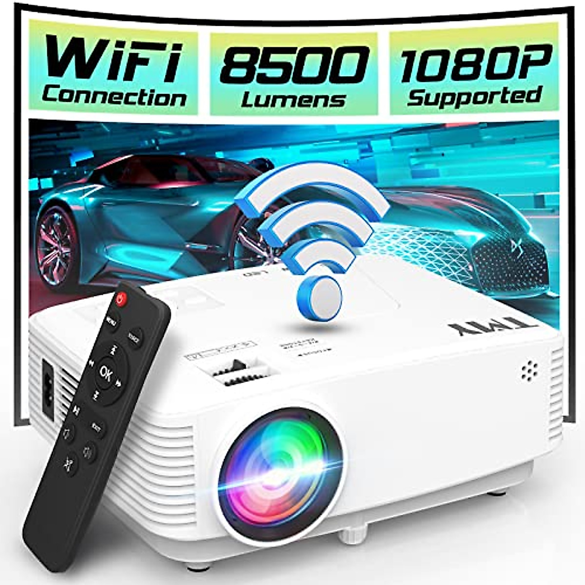 TMY Mini WiFi Projector 8500 Lumen, 1080P FHD Supported Portable Outdoor Movie Projector Synchronize Smartphone Screen, Compatible with iOS/Android/PC/TV Stick, HDMI USB AV TF, Indoor & Outdoor Use