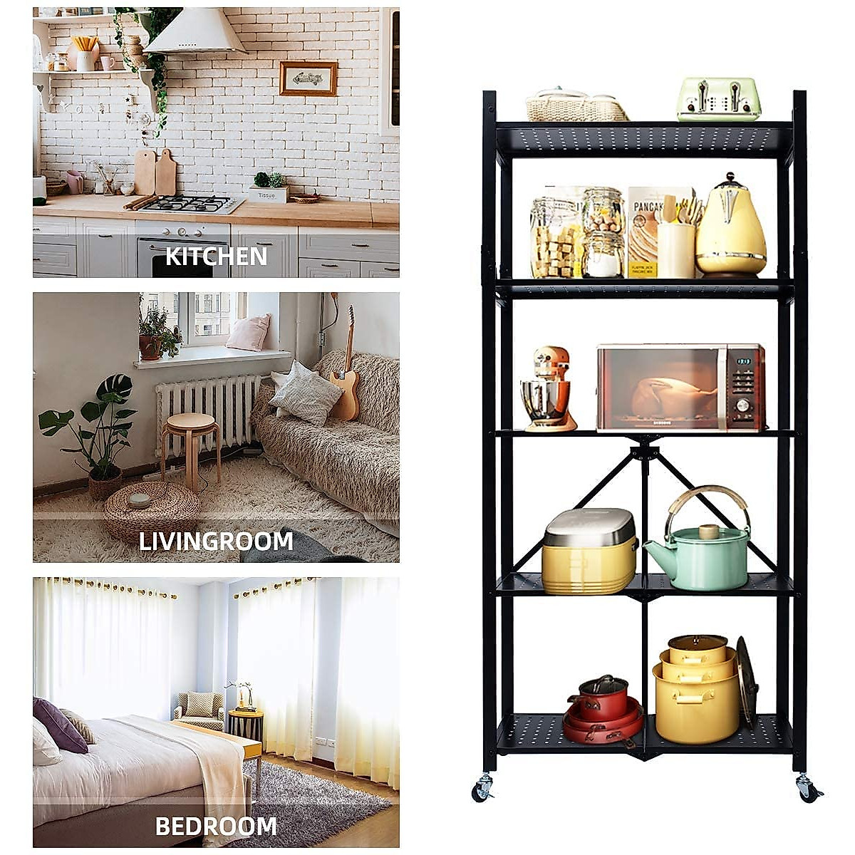 Malson Metal Storage Rack with Wheels, 5-Tier Storage Shelf Heavy Duty Storage Shelving Unit and Metal Organizer Wire Rack for Home Office Kitchen Bathroom Organization