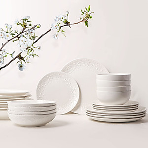 Artena Pasta Bowls 35oz, Ceramic Large Salad Bowls 8 inch, Embossed Soup Bowls Set of 4, White Serving Bowls for Entertaining, Wide Shallow Dinner Bowls for Spaghetti, Microwave Dishwasher Oven Safe