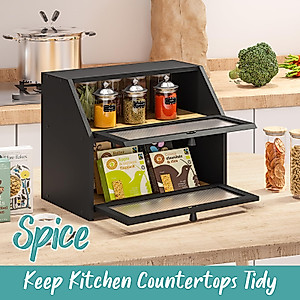 Vriccc Black Bread Box for Kitchen Counter, Large Bamboo Wood Double Layer Bread Box, Wooden Bread Storage Capacity