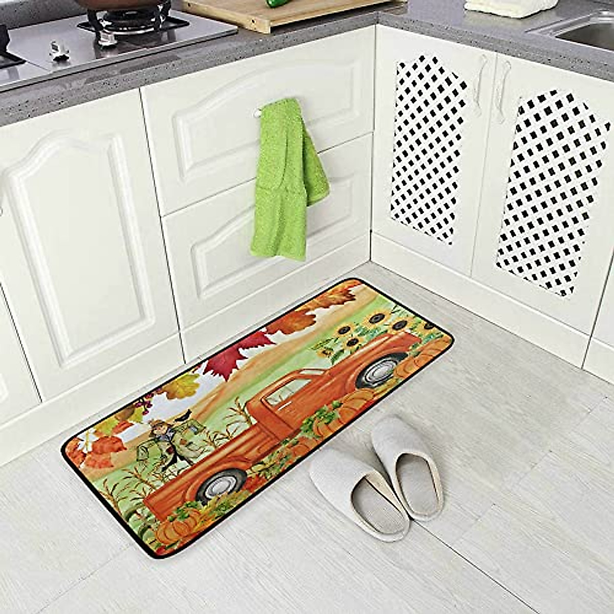 Autumn Truck Pumpkin Kitchen Rugs Thanksgiving Sunflower Maples Floor Comfort Mats Bath Rugs Entryway Welcome Non Slip Area Rug for Bedroom Living Room Doormats Home Decor 39" X 20"