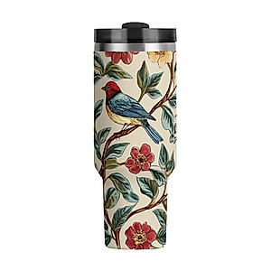 Selerdon 40 oz Tumbler Flowers Birds with Handle and Straw Lid Vacuum Stainless Steel Insulated Water Bottle Travel Mug Car Cup Holder Friendly BPA Free for Gym Travel Office