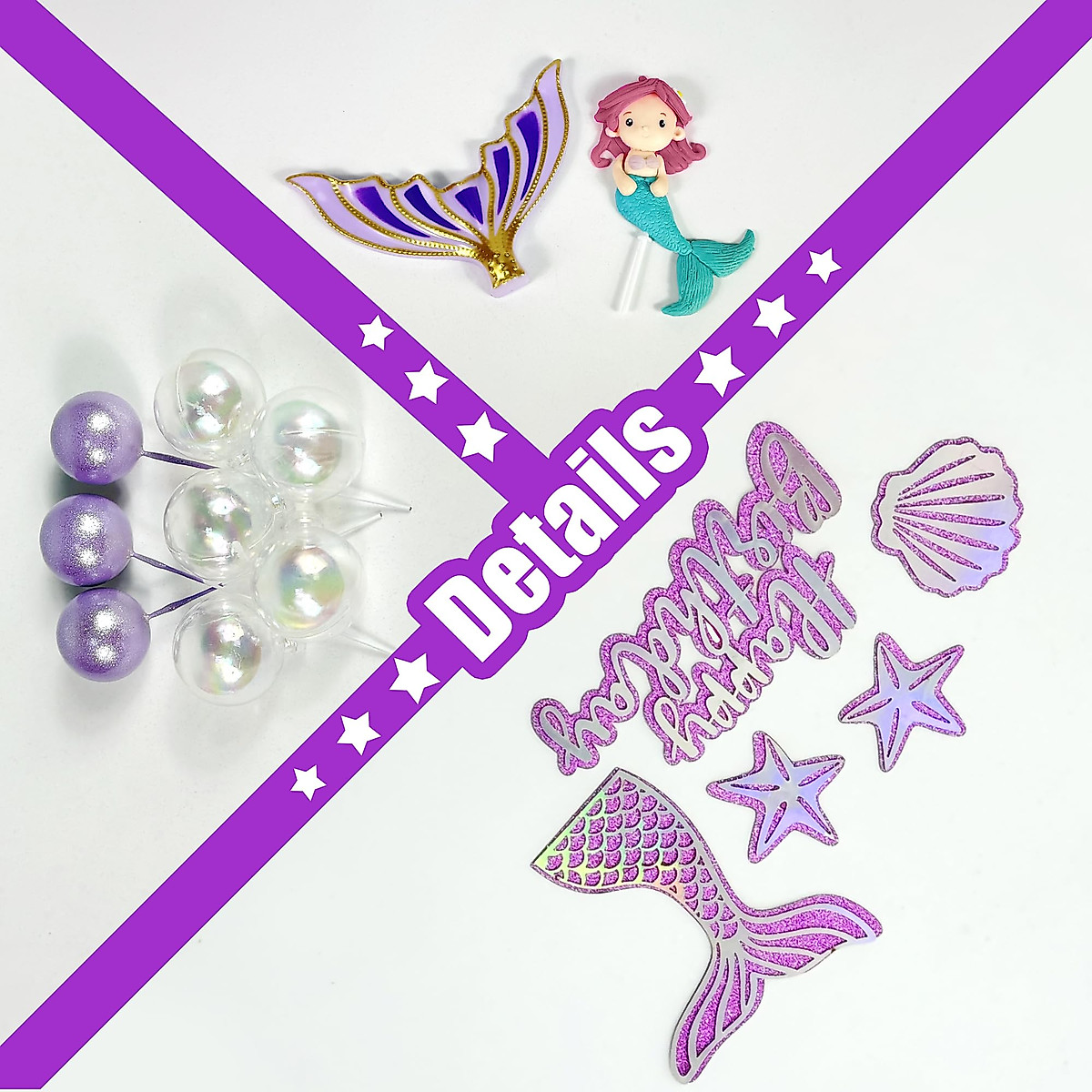 DRWATE Mermaid Cake Toppers with 3D Mermaid Shell Starfish Fishtail Balls for Kids Girls Birthday Party Baby Shower Supplies (Style1)
