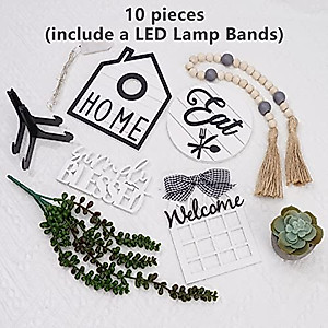 Telihel Tiered Tray Decor Set of 10, Farmhouse Tiered Tray Decorations, Exquisite Relief Design Sign Rustic Table Ornaments with Artificial Succelent Plants, String Lights for Kitchen Home Table Decor