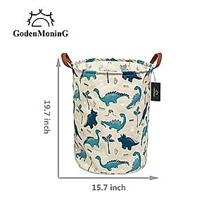 GodenMoninG Collapsible Laundry Basket 62.8L Large Sized Round Waterproof Storage Bin with Handles,Home Decor,Toy Organizer,Children Nursery Hamper. (White Ground Dinosaur)