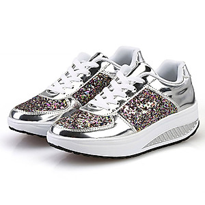 Womens Sports Walking Sneakers Platform Crystal Bling Sneakers Fashion Shoes Lace-Up Flat Heel Orthopedic Shoes Silver