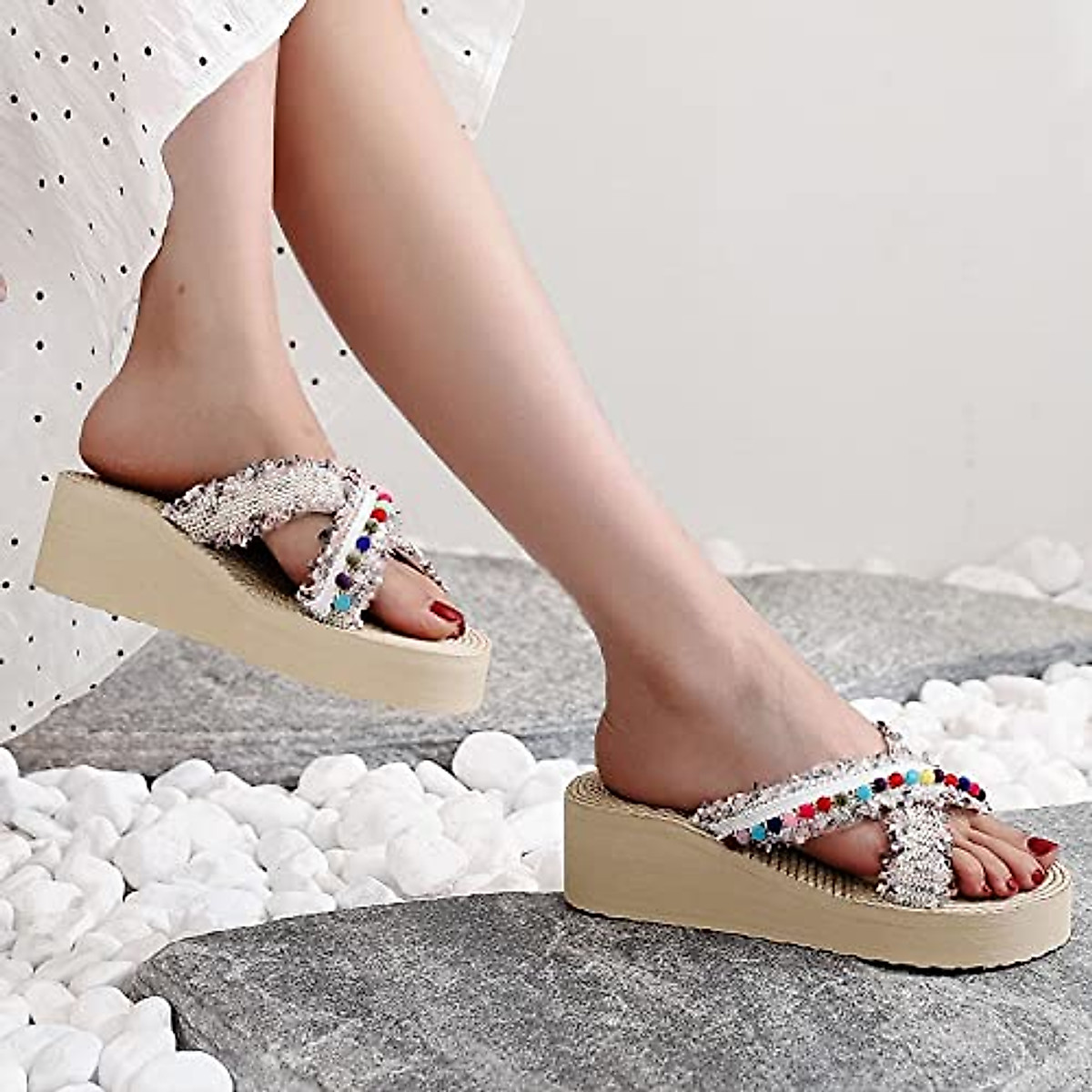 Beads Fashion Lacework Women's Shoes Heel Colorful Beach Shoes Slope Slippers Women Indoor Slippers Size 7