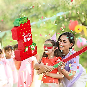 Aoriher Strawberry 1st Birthday piñata Strawberry piñata Summer Berry Strawberry piñata with stick Blindfold Mask Confetti for Girls Strawberry Theme Birthday Baby Shower Party Game Supplies Decor