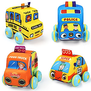 TOY Life Soft Pull Back Cars for Toddlers - Pull Back Vehicles Soft Baby Toys - Kids Car Toys 4 Pack with Soft Plush Toy Texture Baby Car Toys - Gift for Any Occasion Cars for Toddlers 1-3 Year Old