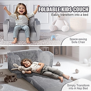 VEVOR Kids Couch, Toddler Chairs Comfy, 2-in-1 Toddler Couch Sofa Bed Fold Out, Convertible Sofa to Lounger, Kids Chair Seat Playroom Furniture for Kids Girls & Boys, Grey