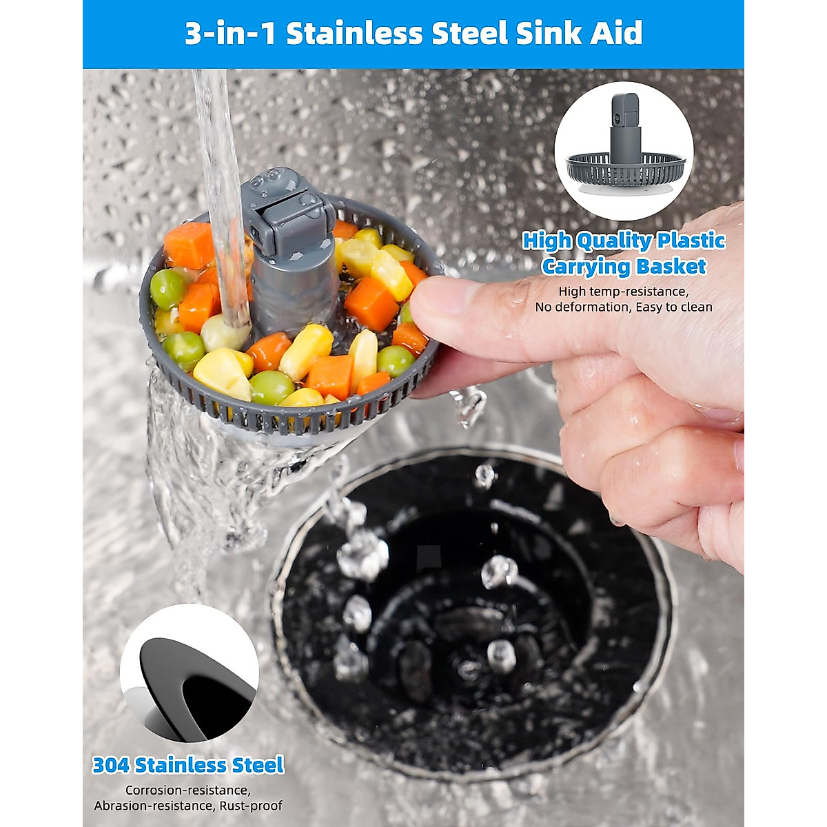 Hibbent 3 in 1 Kitchen Sink Drain Strainer and Stopper Combo, Stainless Steel Metal Pop Up Sink Stopper, Anti-Clogging Basket Strainer with Foldable Handle for US Standard 3-1/2" Drain, Matte Black