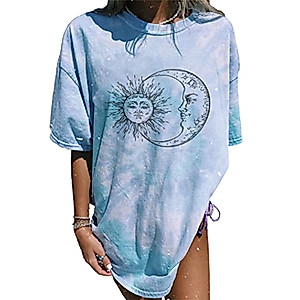 Remidoo Women's Short Sleeve Sun and Moon Print Tie Dye T Shirt Top Casual Tees Loose Blouse Blue Medium