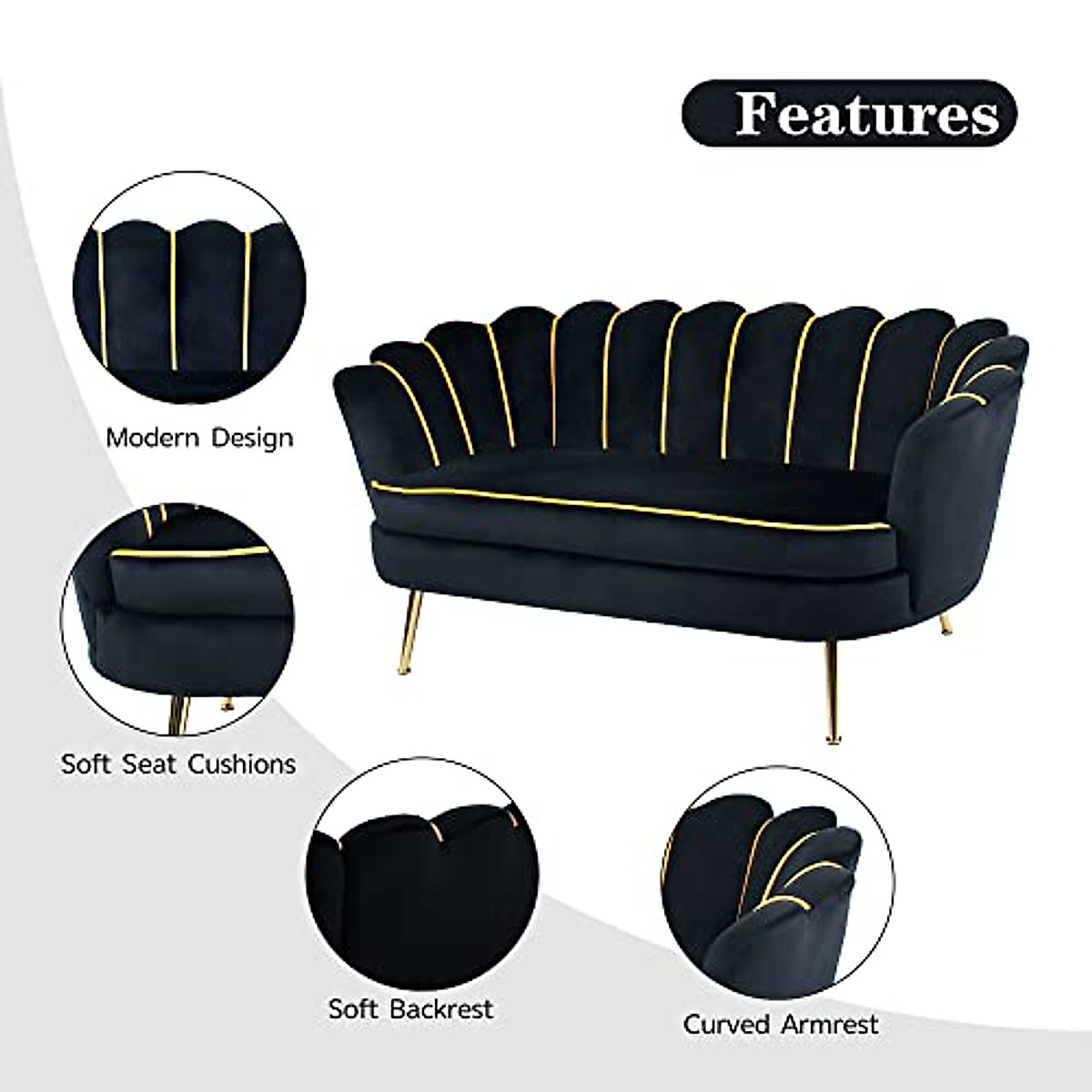 QHITTY Velvet Loveseat, 58'' Velvet Sofa Accent Couch Settee Upholstered Chair, 2 Seater Small Loveseat for Small Spaces, Living Room (Black)