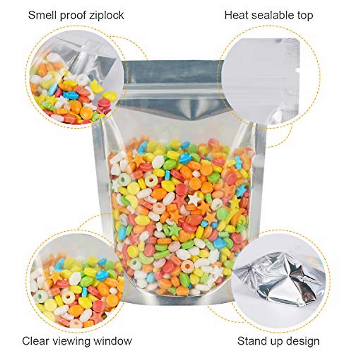 Vasdoo Reusable Aluminum Foil Stand Up Food Pouches Bags, Resealable Ziplock Mylar Bags for Food Storage (50 pcs, 5x7 inch)