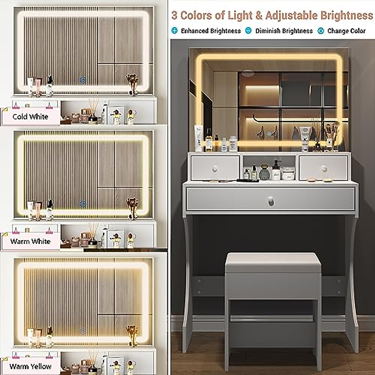 Yanosaku Vanity Desk with LED Lighted Mirror & Power Outlet, Makeup Table with Drawers, Makeup Table with Chair,Vanity Set 3 Lighting Modes Brightness Adjustable for Bedroom Studio