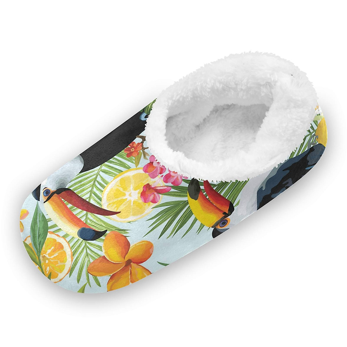 Qmxo Tropical Fruits Lemon Bird Toucan Flowers Slippers for Women and Men, Womens Coral Fleece Indoor Slippers House slippers Socks Fuzzy Feet Slippers Bedroom Slippers Non-Slip