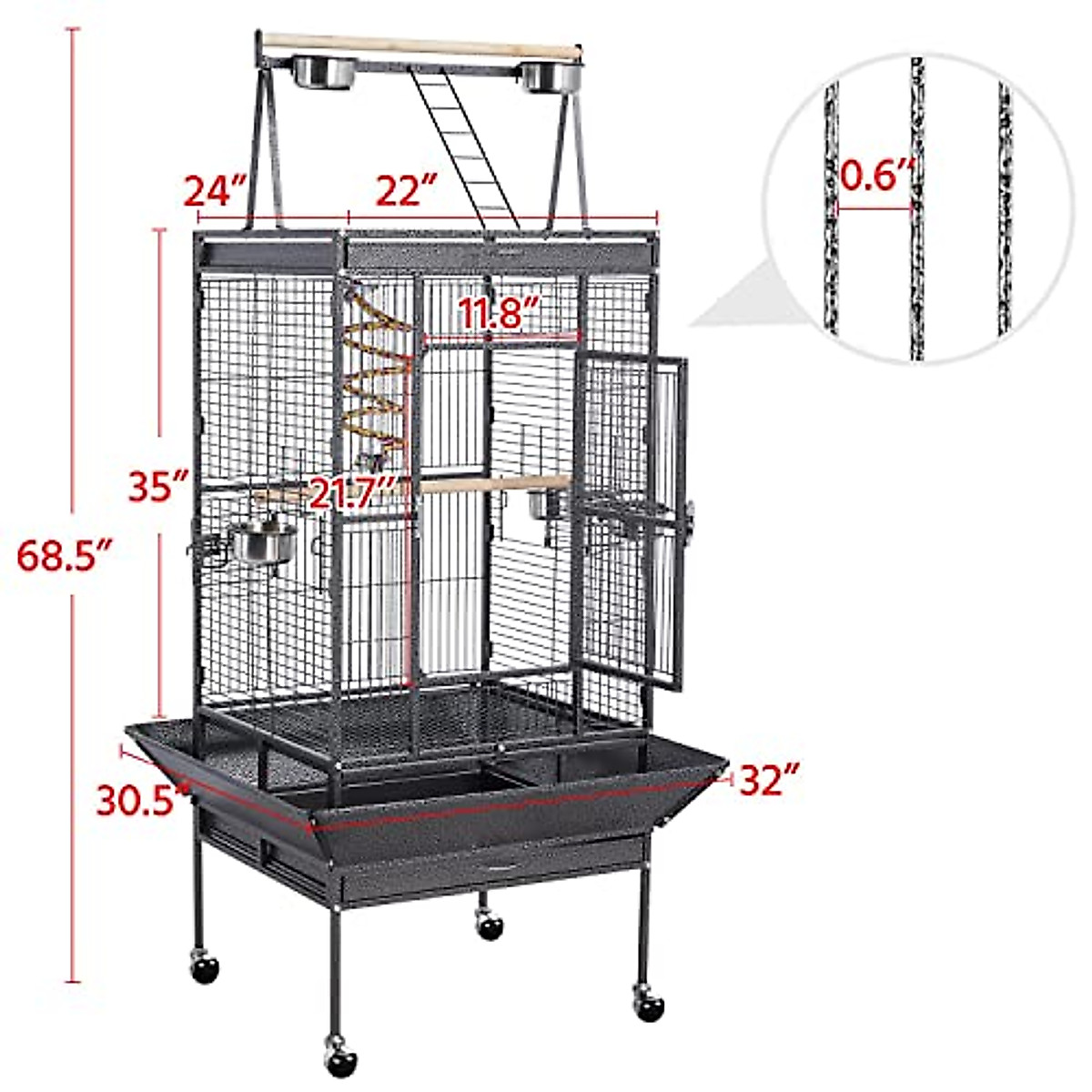 Yaheetech 69-inch Wrought Iron Rolling Large Parrot Bird Cage for African Grey Small Quaker Amazon Parrot Cockatiel Sun Parakeet Green Cheek Conure Dove Lovebird Budgie Play Top Bird Cage with Stand