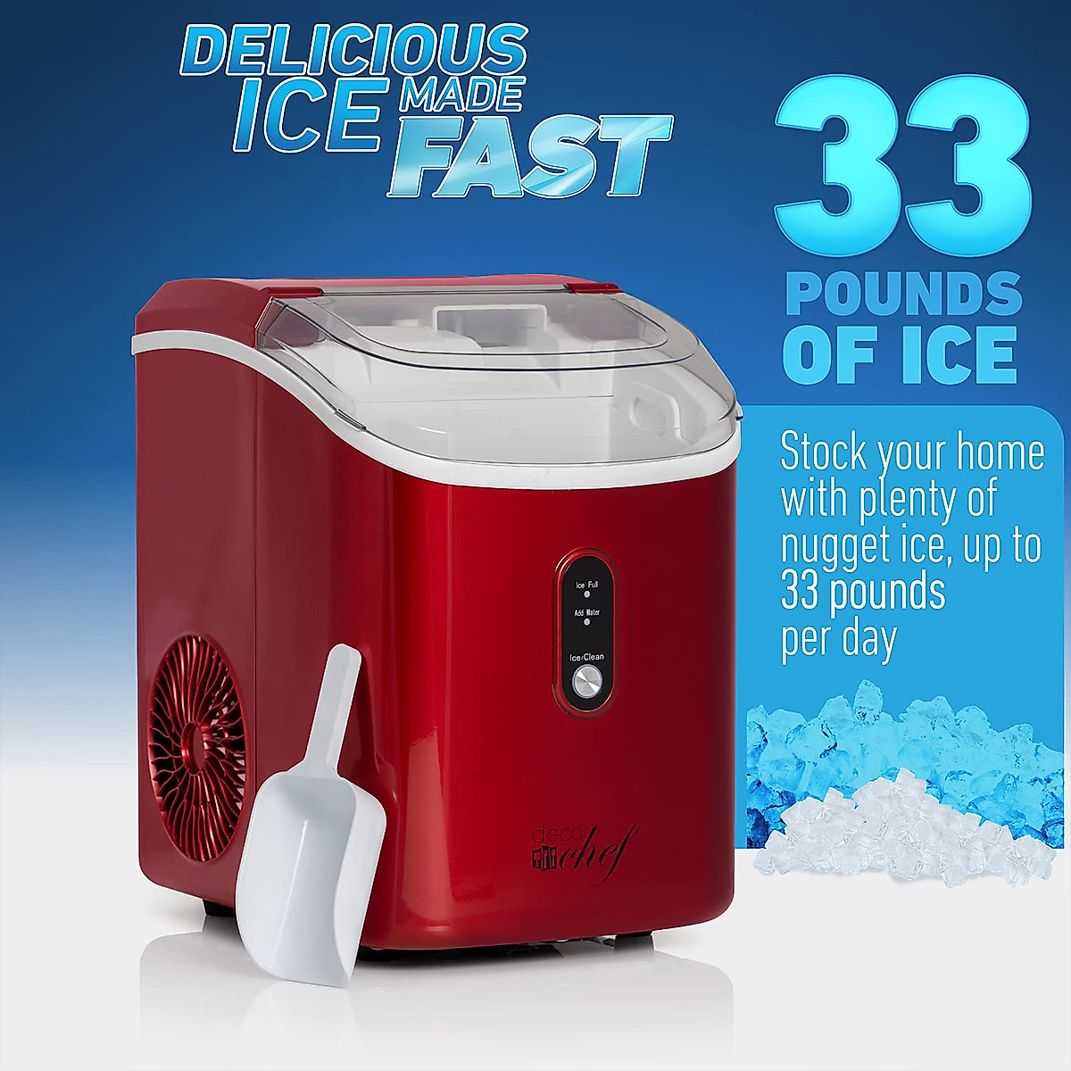 Deco Chef 33LB Per Day Countertop Ice Maker, 1-Click Automatic Operation, Self-Cleaning, Chewable Soft Nugget Ice, Red Stainless