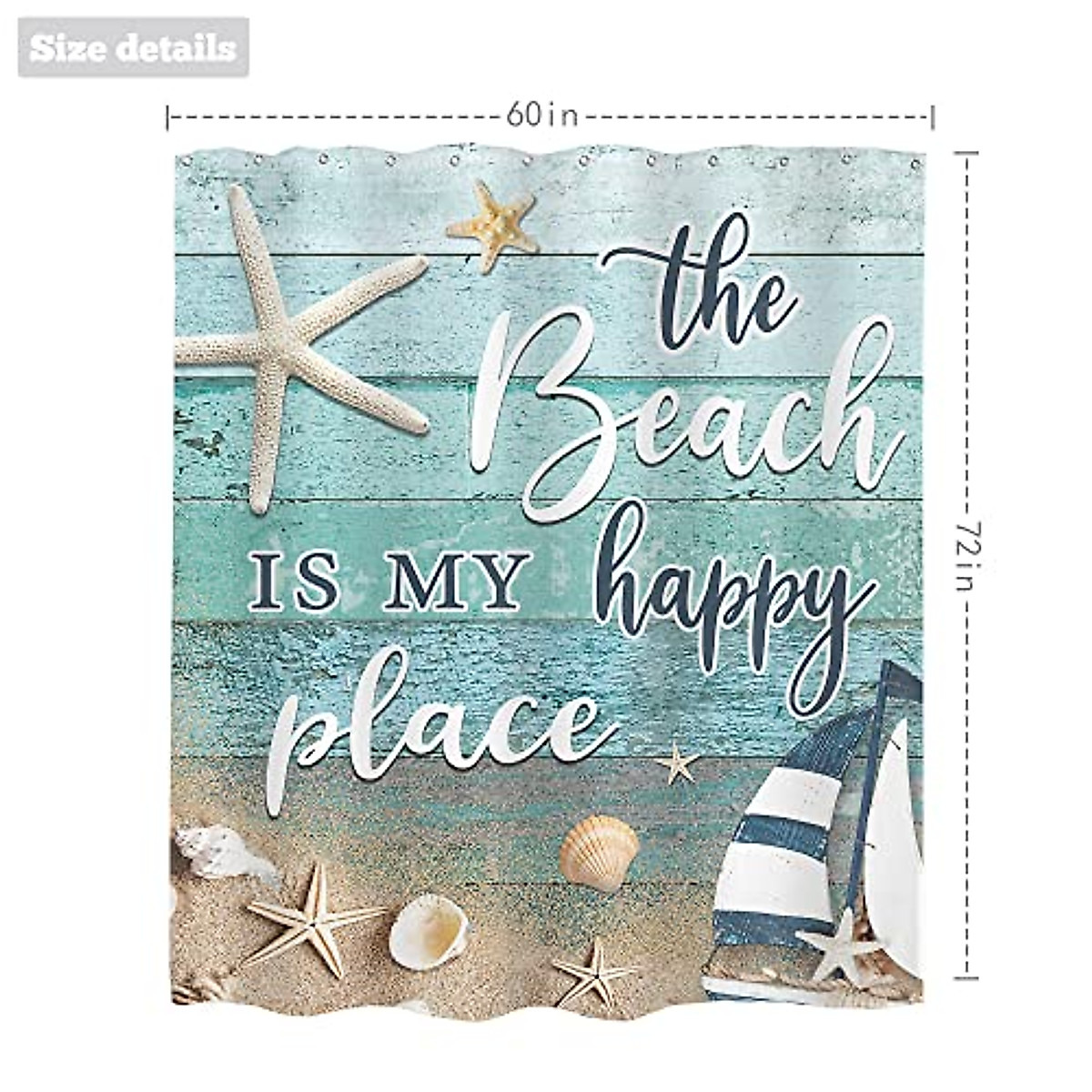 LIGHTINHOME Beach Shower Curtain 60Wx72H Inches Rustic Wooden Plank Positive Inspirational Quote Coastal Ship Starfish Seashell Cloth Fabric Waterproof Polyester Bathroom Home Decor Set with Hooks