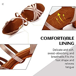 JUODVMP Women's Ballroom Latin Salsa Shoes Satin 5-Straps Braided with Suede Sole Heels,8 US