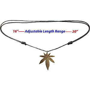 Bijoux de Ja Antique Bronze Pot Leaf Weed Pendant Adjustable Black Cord Necklace 16-30 Inches