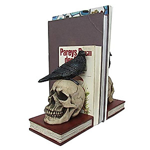 DWK - Murder and Mystery - Ravens on Skulls Bookends Gothic Poe Crow Reading Bookshelf Theme for Your Library Home Décor Book Shelf Accent 8.5 Inches in Length