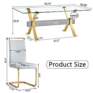 HAIZAO 79 inch Glass Dining Table Set for 8, Tempered Glass Tabletop with Golden Plated Metal Legs & Grey MDF Crossbars, PU Faux Leather Chairs with Golden Metal Legs, for Kitchen, Light Grey