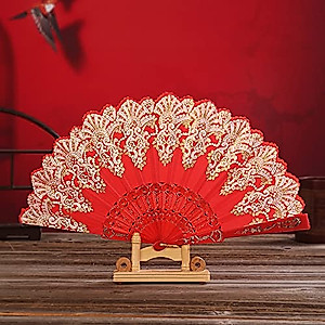 Decorative Folding Fans Luxury Fashion Folding Fan Flower Lace Silk Wedding Dance Party Stage Performance Decoration Fashion Hot Stamping Hand Held Fan Fan (Color : Red)