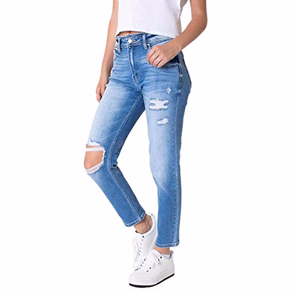 Kancan Women's High Rise Distressed Mom Jeans - KC9198L (Medium Wash, 13/30)