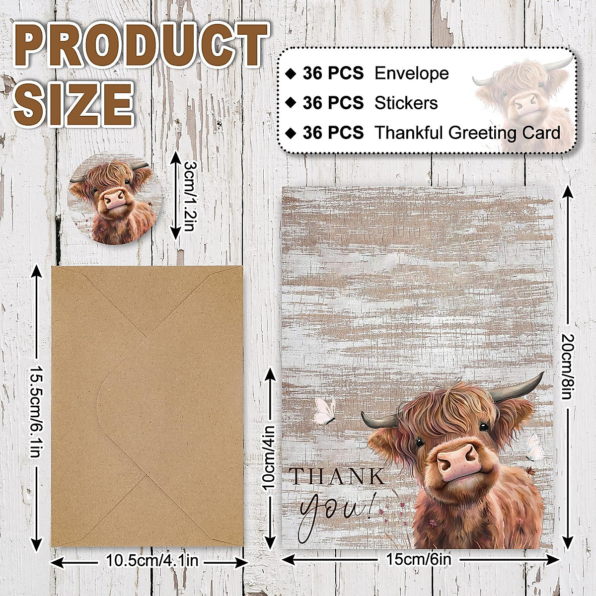 Whaline 36Pack Highland Cow Thank You Greeting Cards with Envelopes Stickers Wood Grain Farm Animal Blank Note Cards for Christmas Wedding Bridal Baby Shower Small Business Birthday Farmhouse Party
