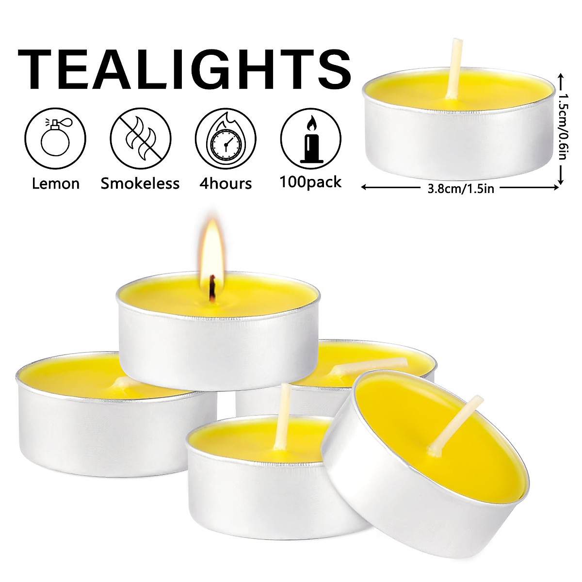 100 Pack Scented Tealight Candles 4 Hours, Lemon Aromatherapy Candles for Votive Home, Wedding Holiday and Emergency (Yellow)