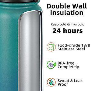 Fanhaw 40 Oz Insulated Stainless Steel Water Bottle with Chug Lid - Leak & Sweat Proof with Anti-Dust Lid (Green Blue)
