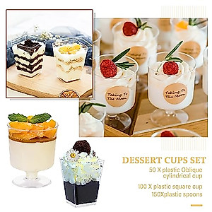 mwellewm 300 Packs Dessert Cups with Spoons, 5 OZ Mini Clear Plastic Dessert Parfait Cup for Party, Square Dessert Shot Glasse Round Goblet Small Reusable Fruit Ice Cream Pudding Appetizer Cup Bowls
