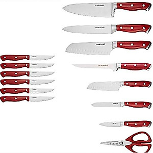 Farberware Professional 15-piece Forged Triple Riveted Knife Block Set with Built-in Edgekeeper Knife Sharpener, High-Carbon Stainless Steel Kitchen Knives, Razor-Sharp Knife set, Red