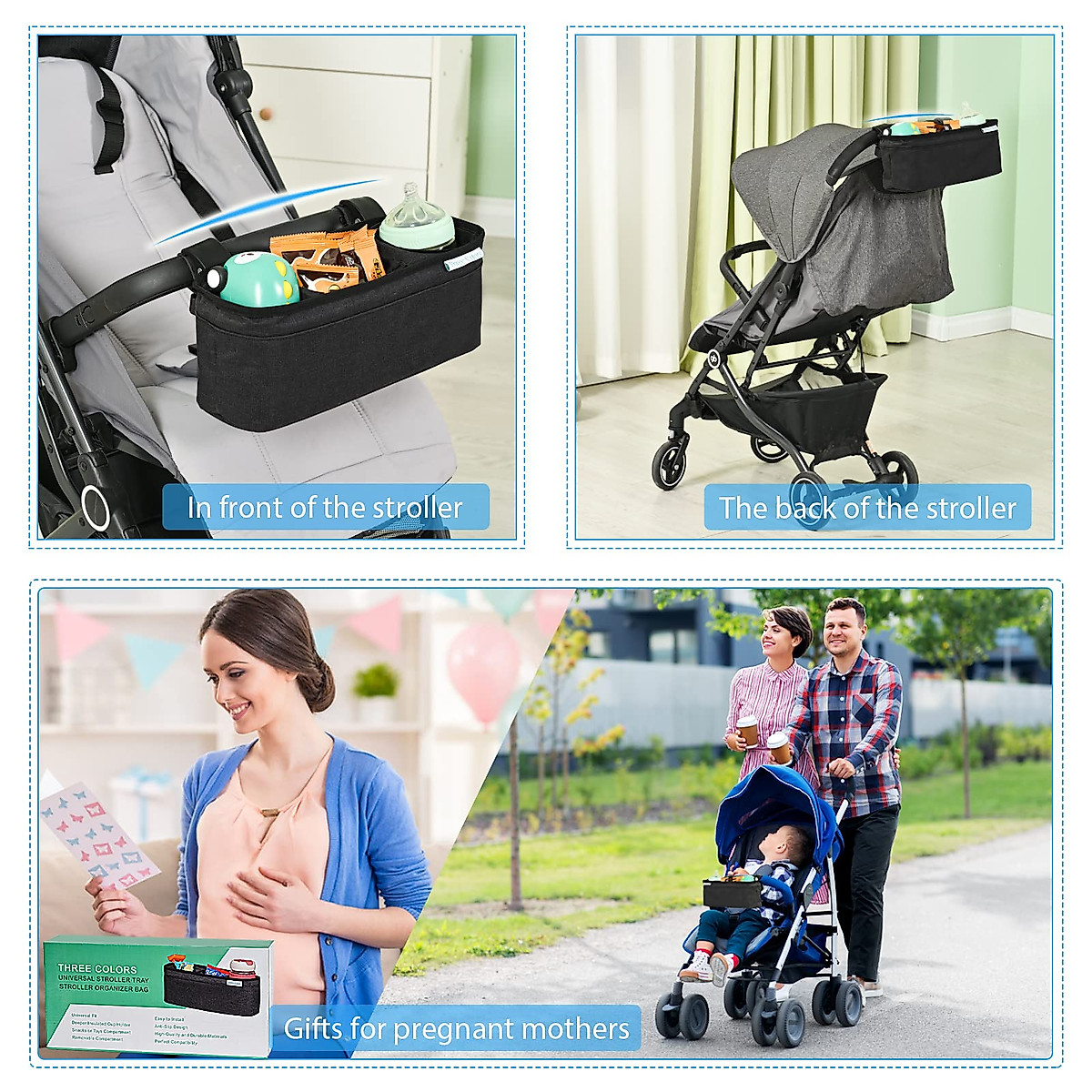 Three Colors Universal Stroller Tray, Stroller Cup Holder, Stroller Snack Tray, Stroller Accessories with Deeper Insulated Cup Holder, Upgraded Alligator Clamp Grip Firmly Stroller Bar, Black