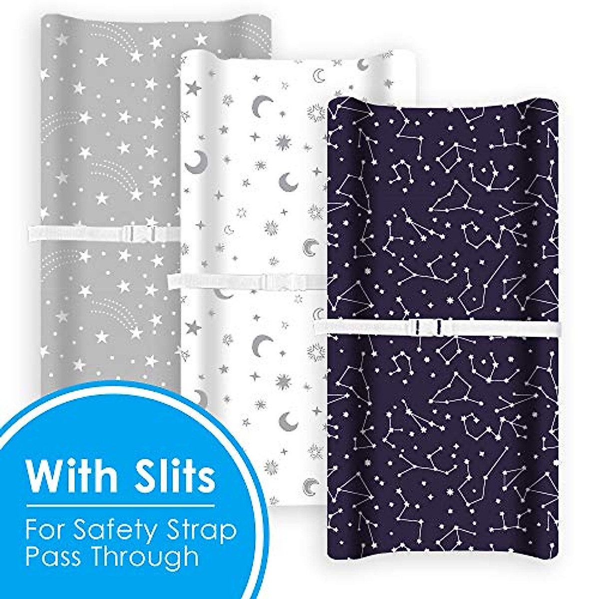 GROW WILD Changing Pad Cover 3 Pack | Soft & Stretchy Jersey Cotton | Baby Changing Table Pad Cover | Diaper Changing Pad Covers for Girls or Boys | Wipeable Sheets | Grey White Navy Blue Stars Moons