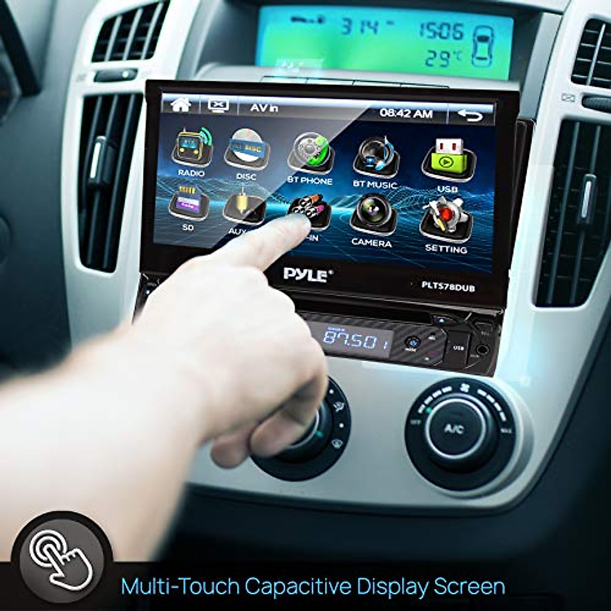 Pyle Single DIN Head Unit Receiver - In-Dash Car Stereo with 7” Multi-Color Touchscreen Display - Audio Video System with Bluetooth for Wireless Music Streaming & Hands-free Calling - PLTS78DUB, BLACK