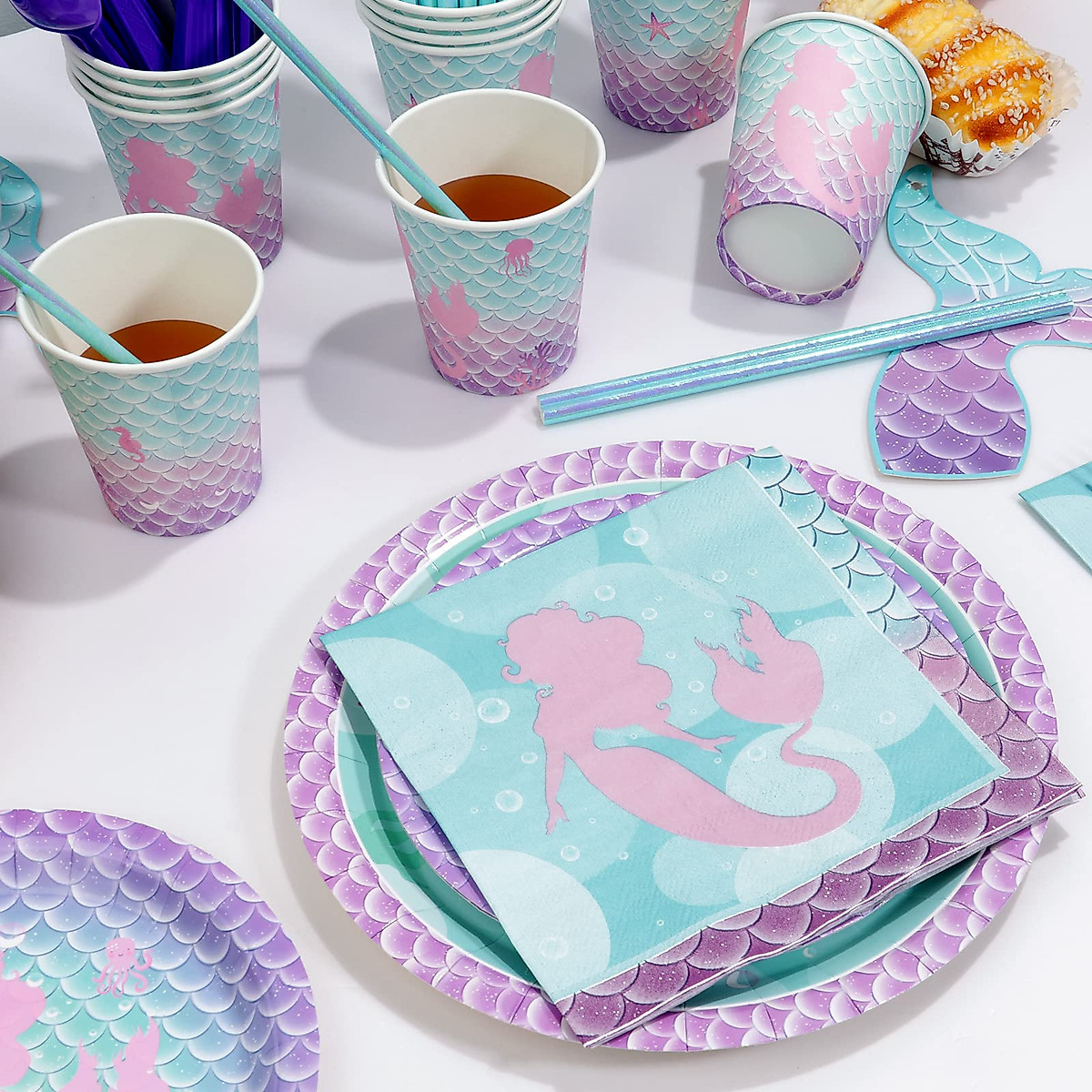 200Pcs Mermaid Paper Plates and Napkins Set,Mermaid Birthday Party Supplies Disposable Dinner Tableware Plates Napkins Cups Knives Spoons Fork for Mermaid Kids Birthday Party Decorations,Serve 25Guest