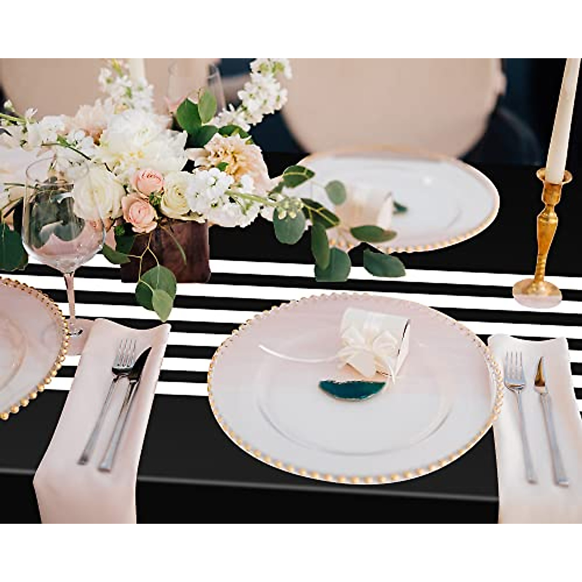 Disposable Boho Black and White Striped Tablecloth, 86 x 54 Inch Rectangle Plastic Table Cover for Birthday Party, Wedding, Reception, Bridal Showers Modern Wedding Party Decoration (3 Pieces)