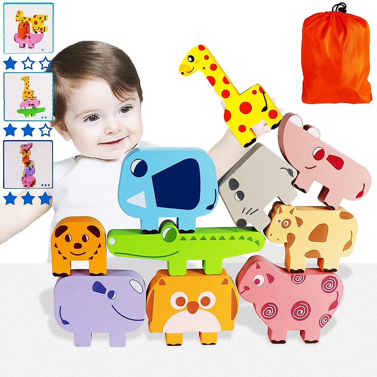 TKBABEUE Wooden Blocks Stacking Toys Age 18+ Months Old, 10 Montessori Animals Stacker Building Puzzle with 10 Pcs Level Cards 1 Bag STEM Preschool Learning Educational Games Activities Gifts Toddler
